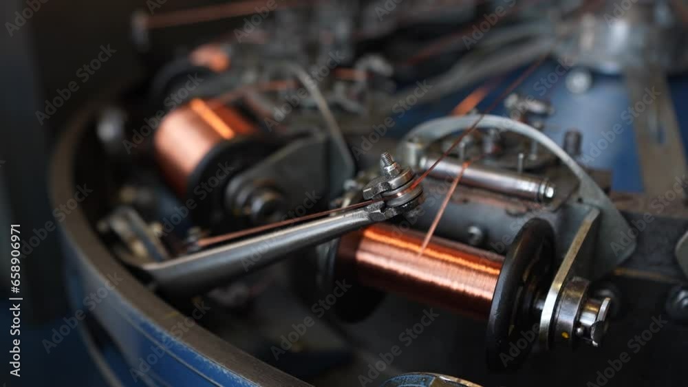 Cables, wires production process. Industrial production . Making braid ...