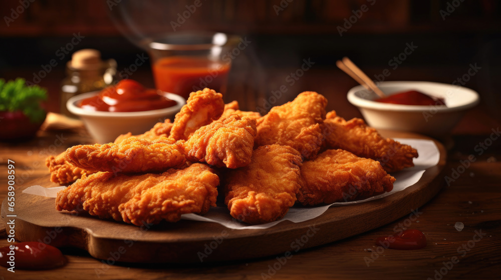 A platter of crispy fried chicken tenders, with a crunchy exterior and ...
