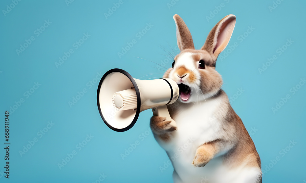Rabbit announcing using hand speaker. Notifying, warning, announcement ...