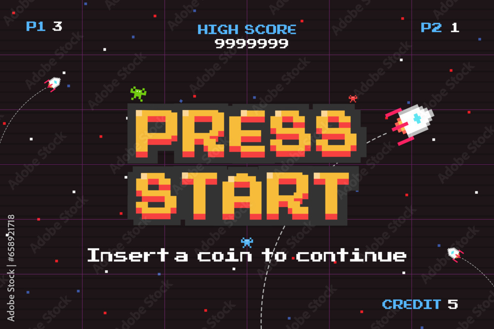 PRESS START INSERT A COIN TO CONTINUE .pixel art .arcade screen.8 bit ...