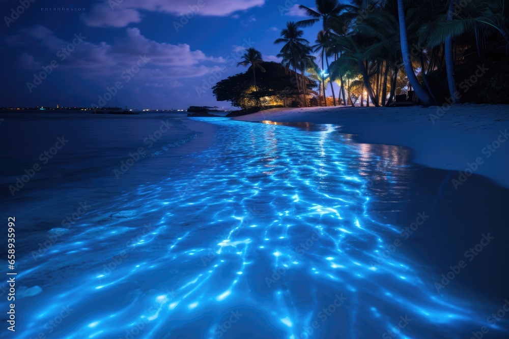 Tropical beach at night with palm trees and reflection in water, Bio ...