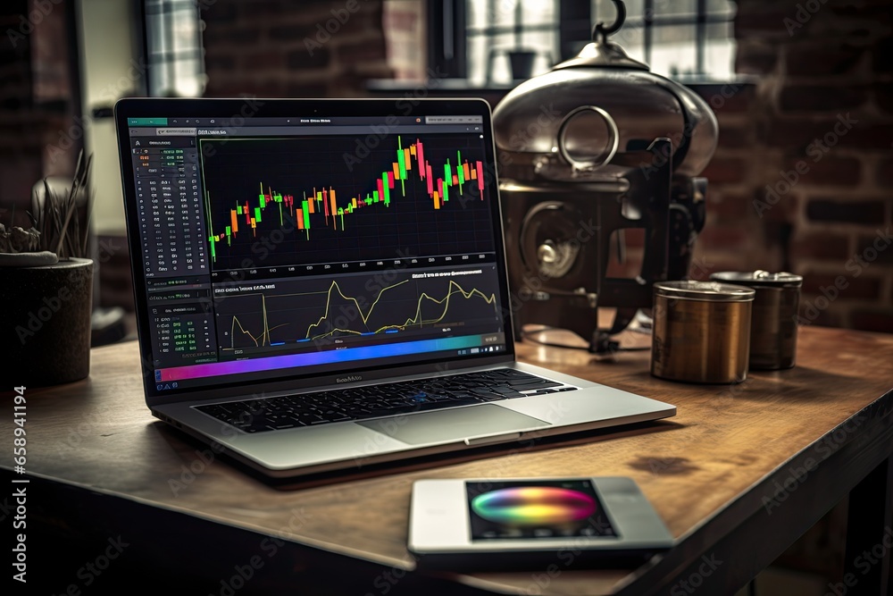 Laptop with stock market data on screen. Financial and trading concept ...