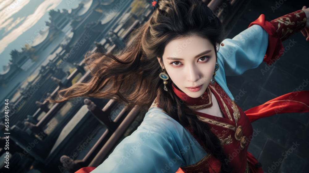 Chinese beauty from ming dynasty era , crimson and azure colors ...