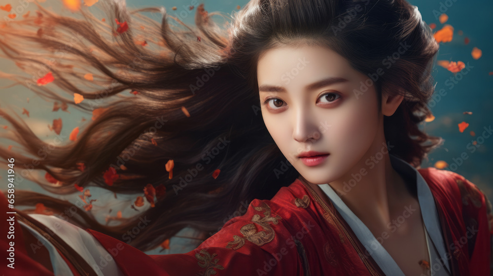 Chinese beauty from ming dynasty era , crimson and azure colors ...