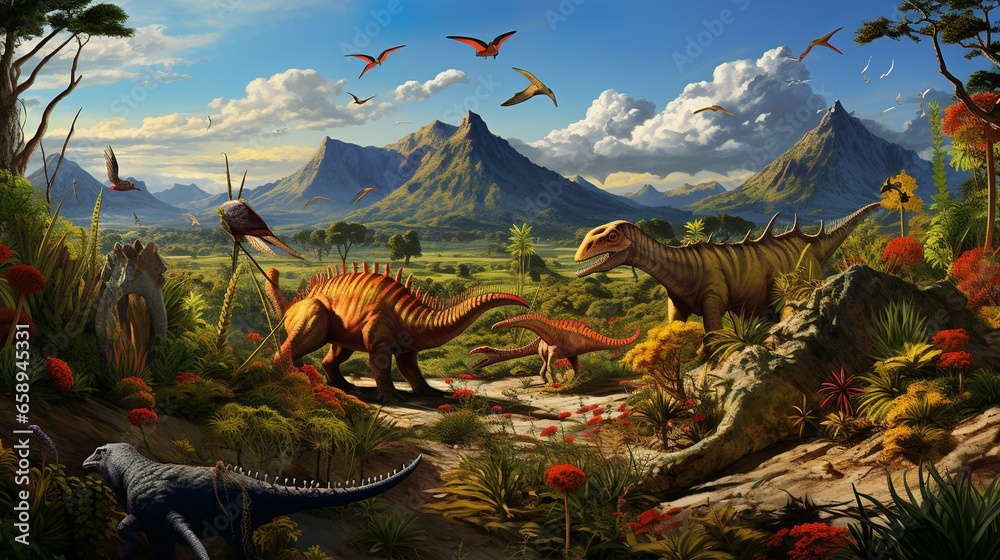 Dinosaurs on a prehistoric landscape with mountains and valleys of the ...