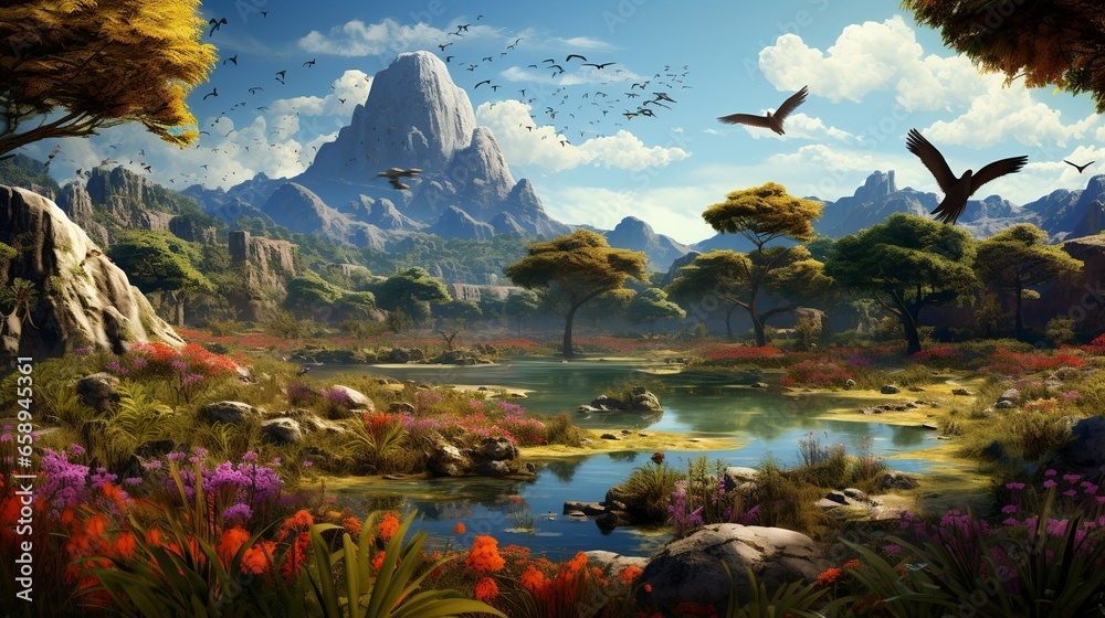 Prehistoric landscape with mountains and valleys of the land before humans Stock Illustration ...
