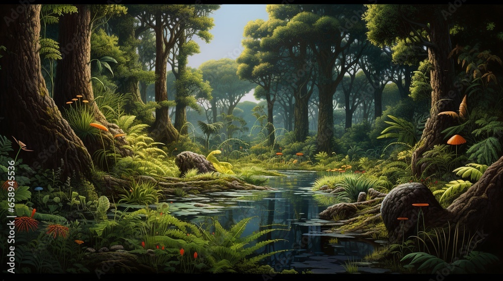 Ancient prehistoric deep forest with rivers and ferns and scale trees ...