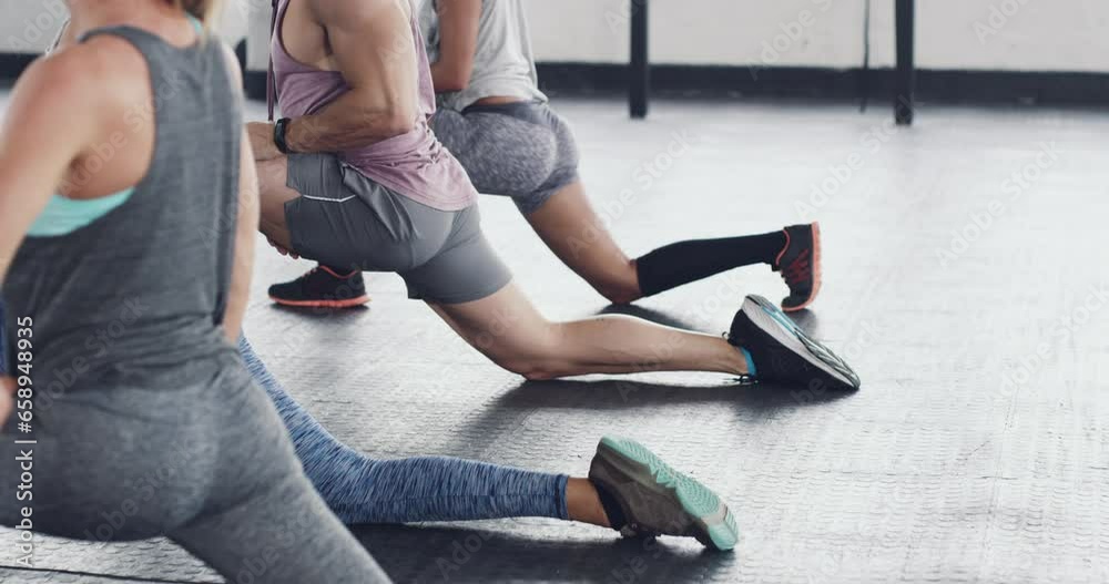 Gym, body and group exercise with lunge, fitness and leg workout with ...