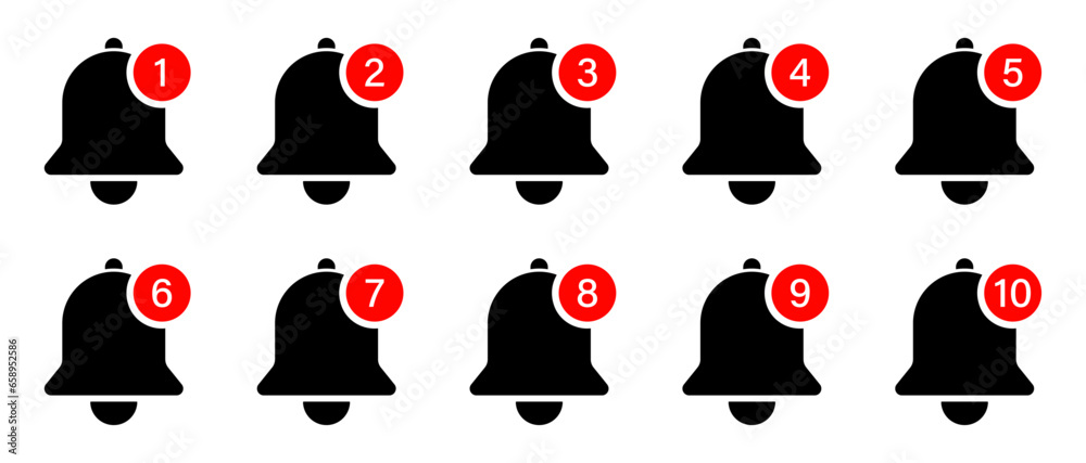 Smartphone bell notification icon set 1 to 10. Bell symbols for web ...
