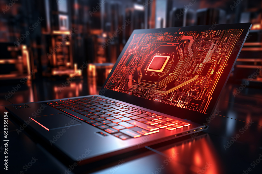 Conceptual diagram showing chips and circuits on a laptop, computer ...
