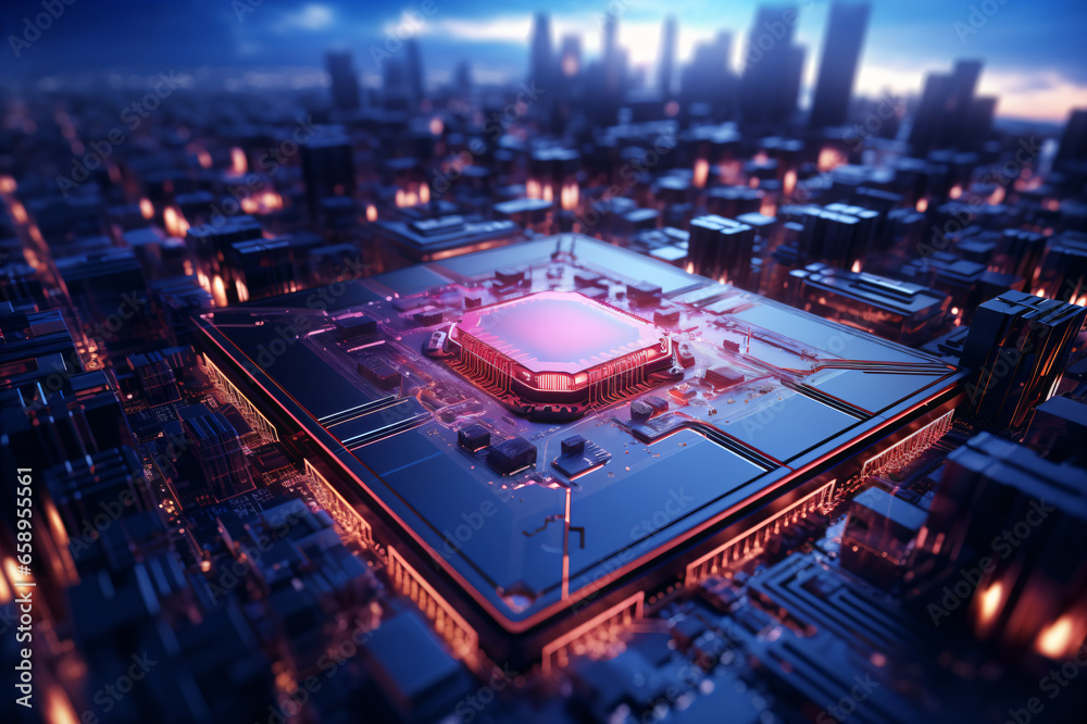 High-tech city concept rendering, close-up of circuit board chip ...