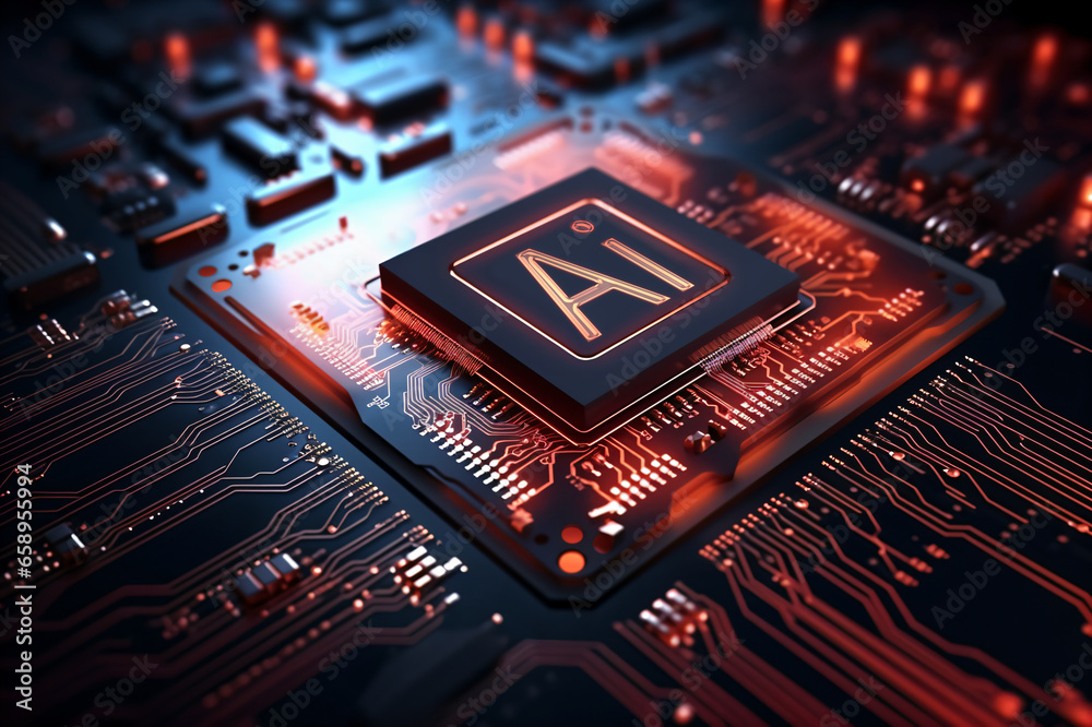 High-tech city concept rendering, close-up of circuit board chip ...