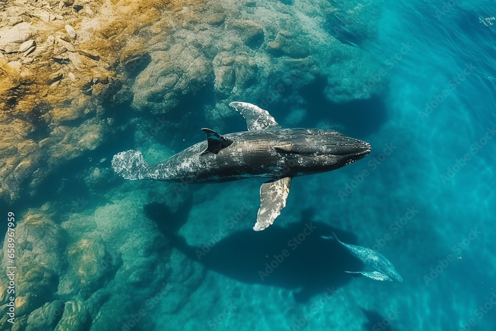 Whale swimming in blue ocean, top aerial view landscape. Stock Photo ...