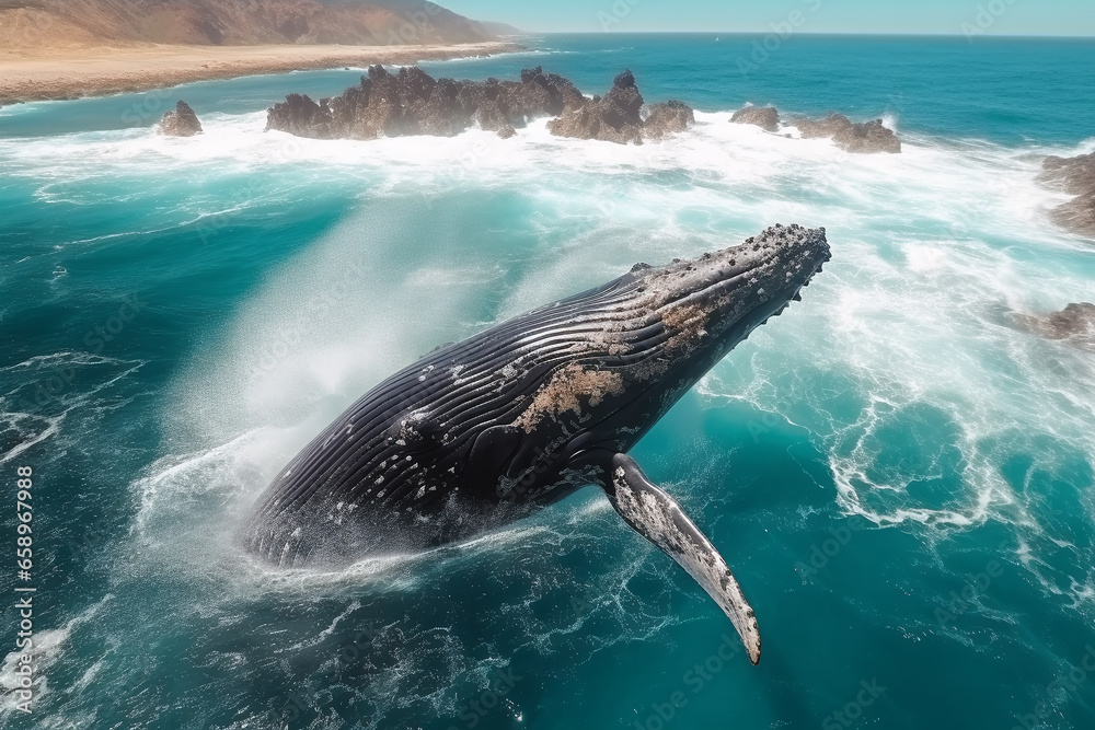 Whale swimming in blue ocean, top aerial view landscape. Stock Photo ...