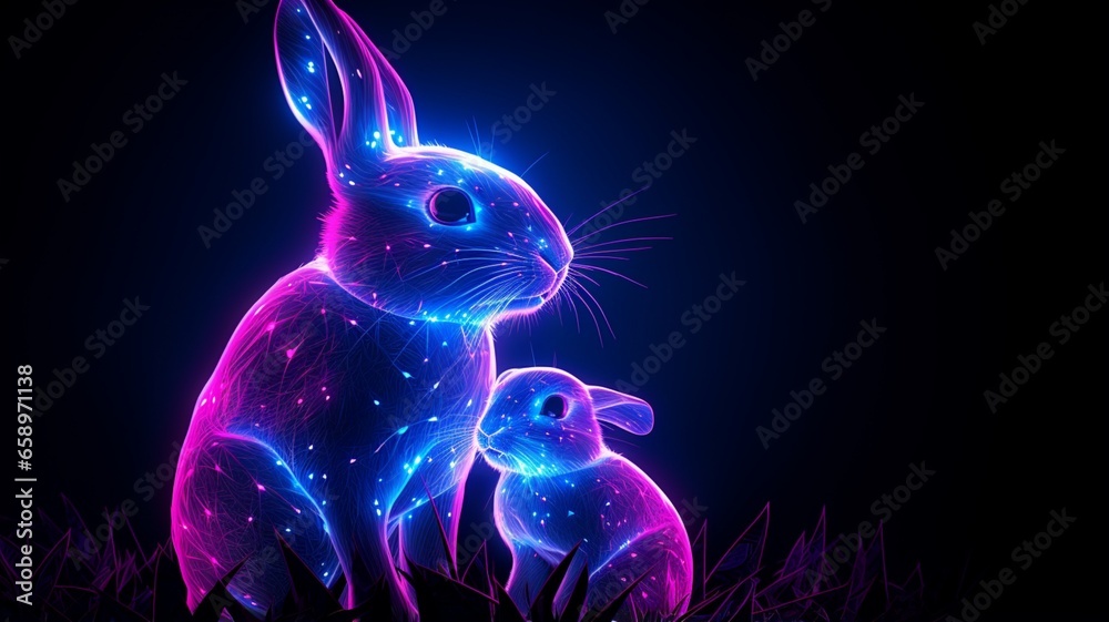 Rabbit mother caressing its calf neon glowing picture Ai generated art ...