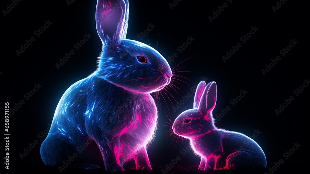 Rabbit mother caressing its calf neon glowing picture Ai generated art ...
