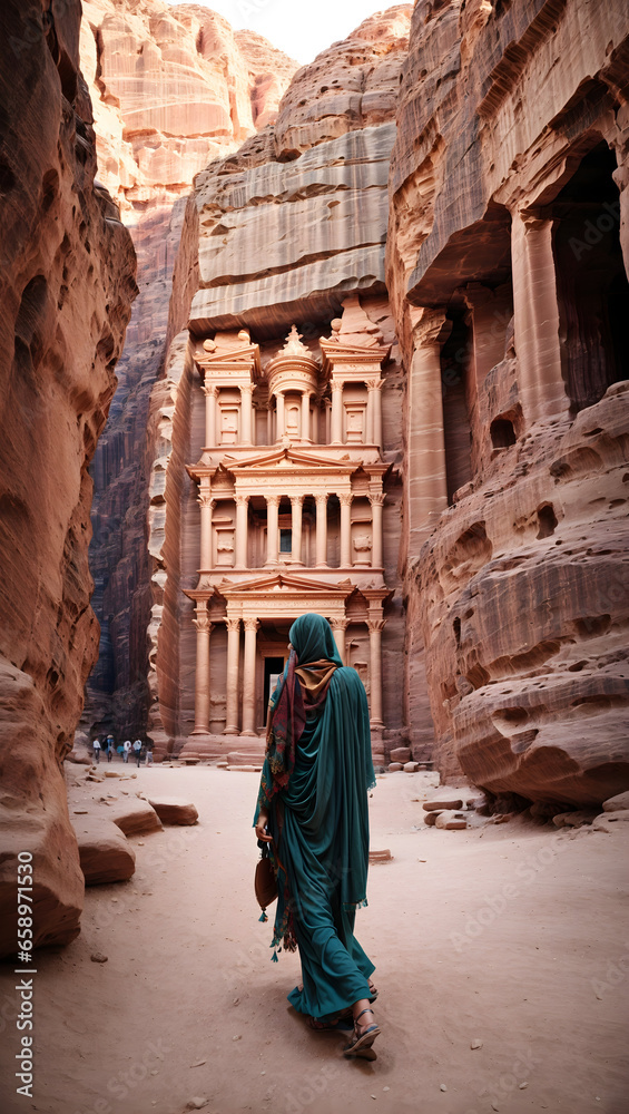 Tourist in the ancient city of Petra, Jordan. Petra is one of the New ...
