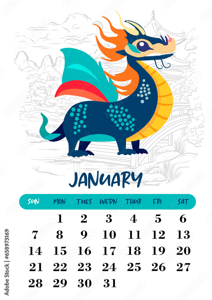 Chinese dragon calendar 2024. Symbol of 2024 year is dragon Stock Illustration | Adobe Stock