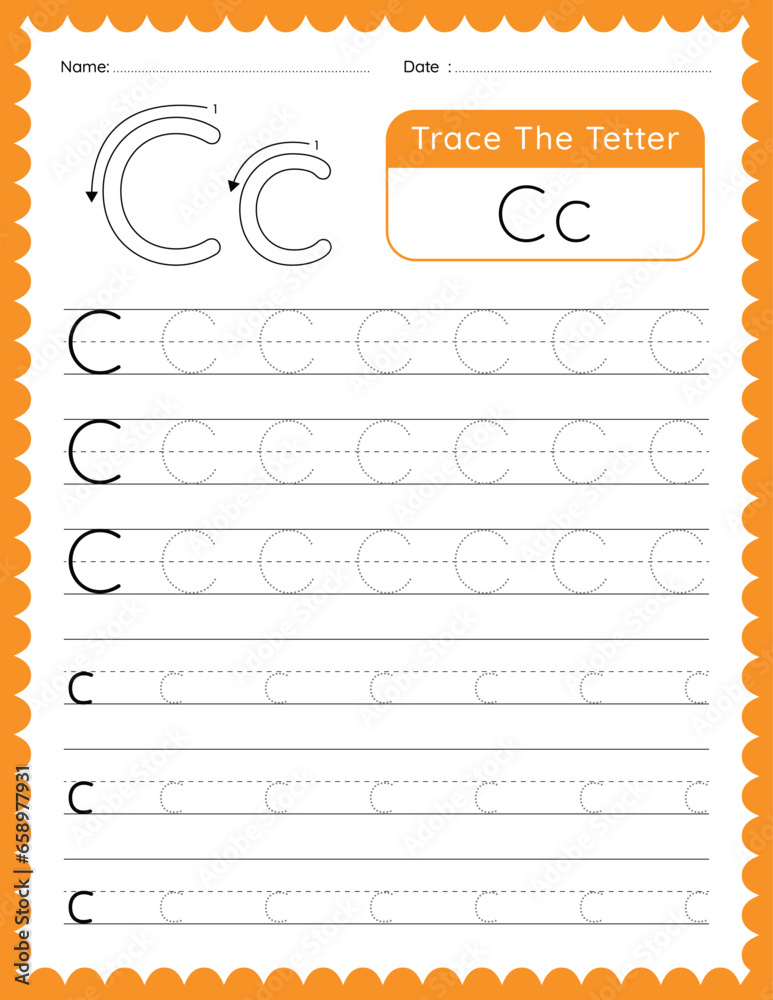 Vector Alphabet Letter 'C' Tracing worksheet for Kids Stock Vector ...