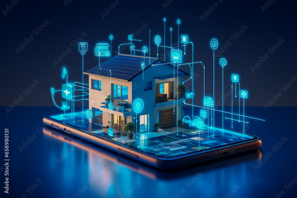 Smart home. Mobile device with modern house. Symbolize complex wireless ...