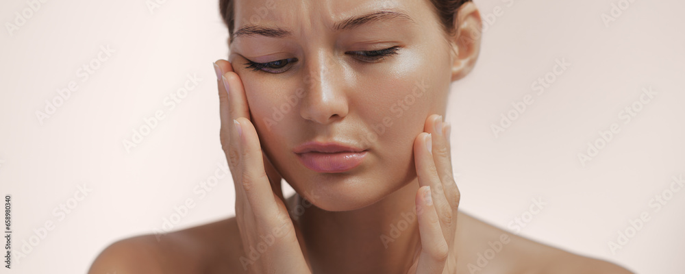 Health tooth and mental problem. Woman feeling teeth pain. Closeup of ...
