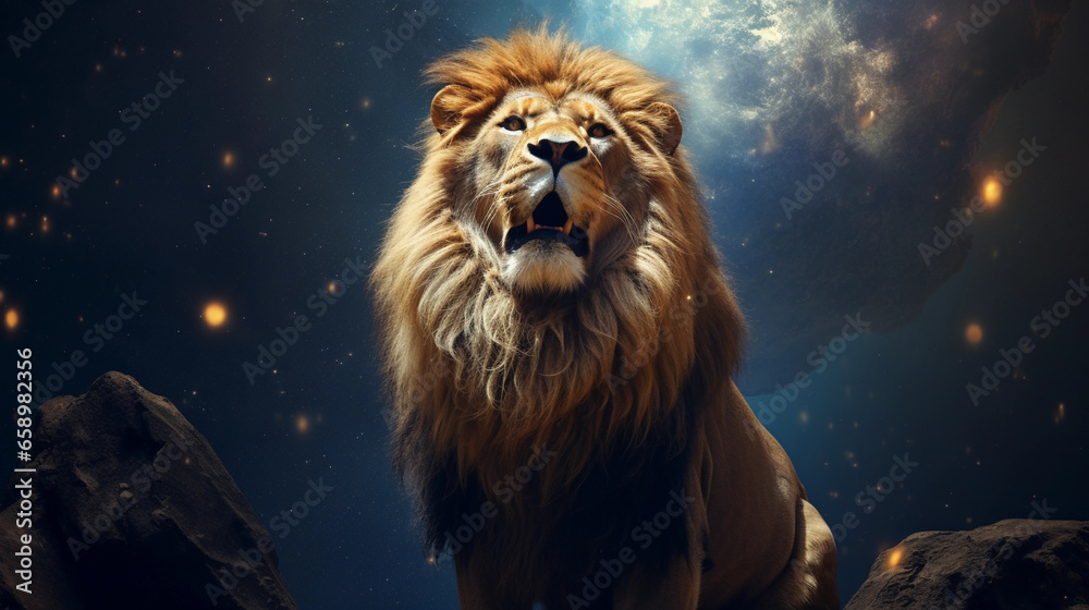 Leo Lion roaring, majestic, golden mane illuminated by starlight ...