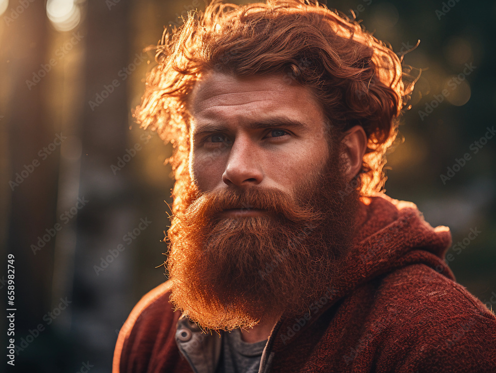 a lumberjack beard with intricate textures, red and brown hair strands ...