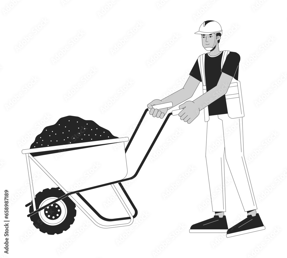 Construction worker transporting concrete on wheelbarrow cartoon flat ...