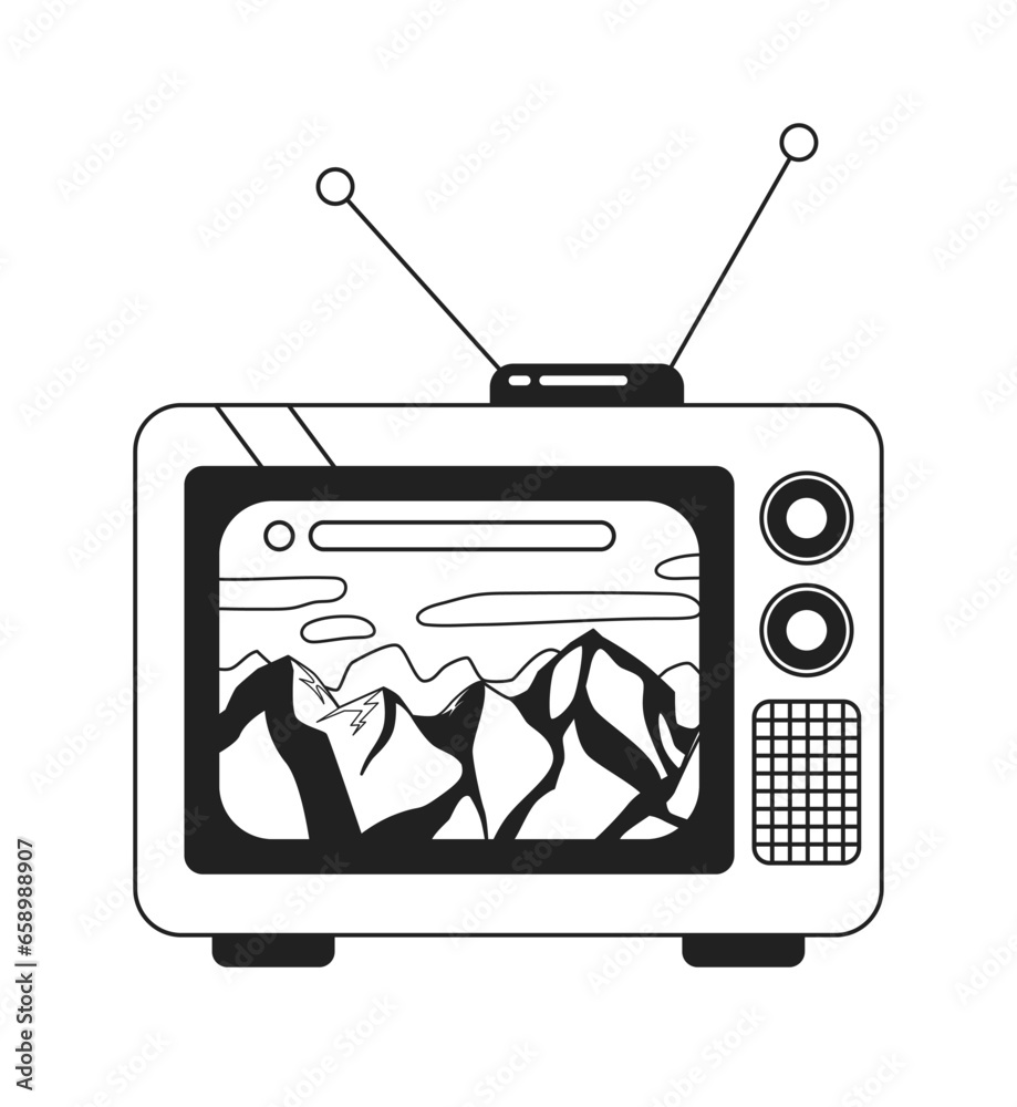 Mountains rocky on 1980s tv black and white 2D cartoon object. Old ...