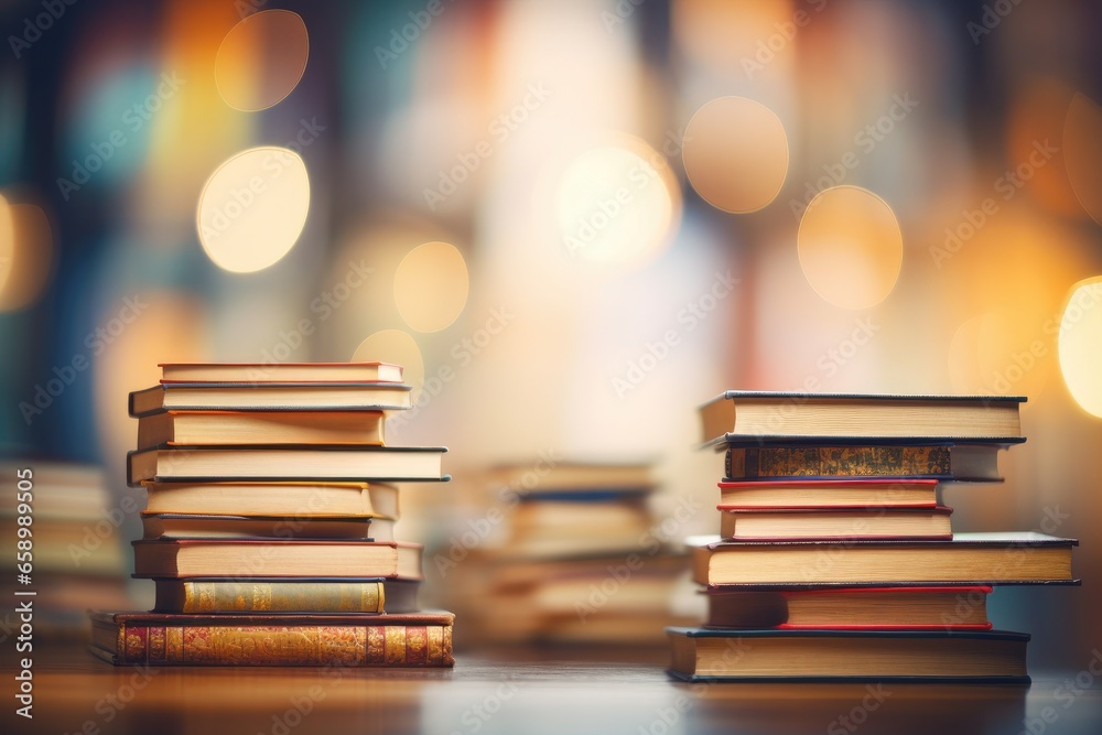 Pile of books on the table with bokeh background, book stack with ...