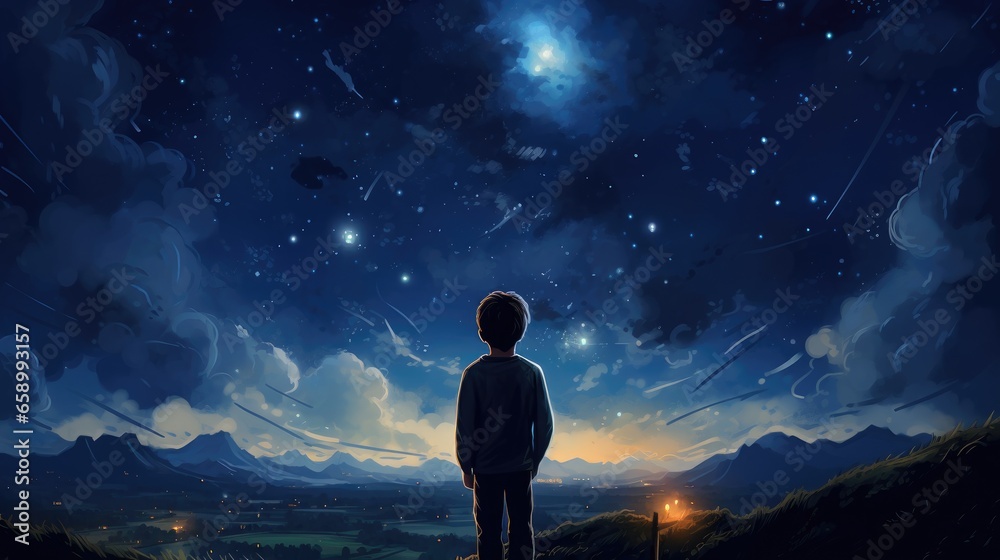Back view of little boy looking at night sky with moon and stars ...
