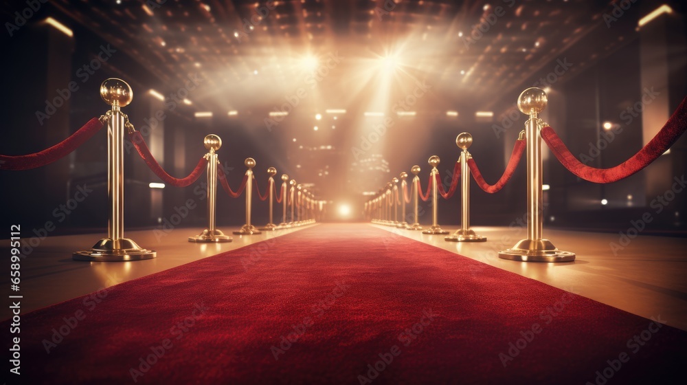 Red carpet and barriers with velvet rope, red curtains in the ...
