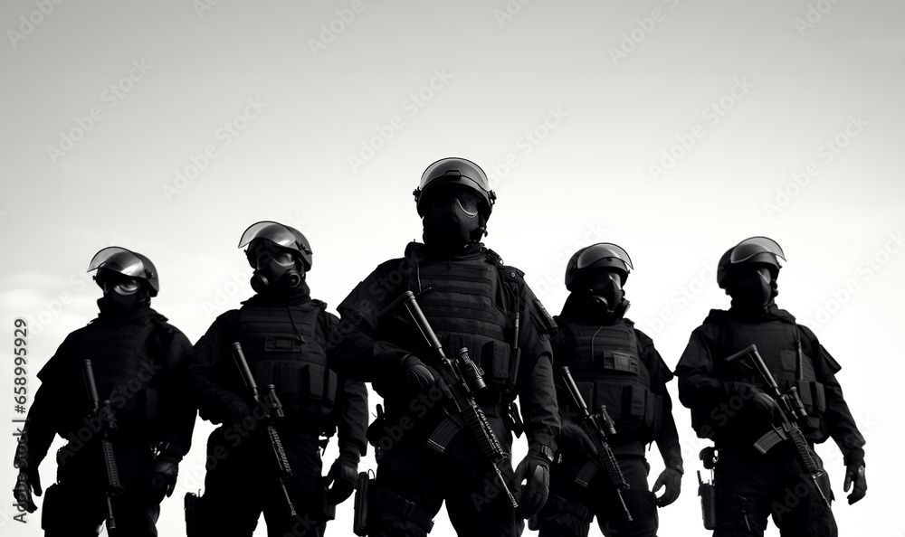 Special police unit SWAT team officer standing in a row. Masked Team of ...
