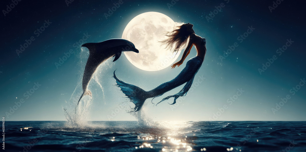 Foto de mermaid and dolphin silhouette jumping out of the water. back ...