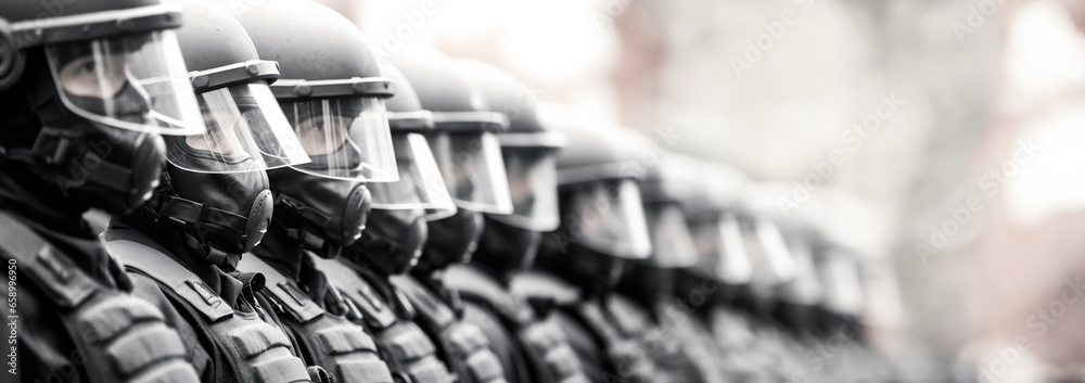 Special police unit SWAT team officer standing in a row. Masked Team of Armed SWAT Police ...