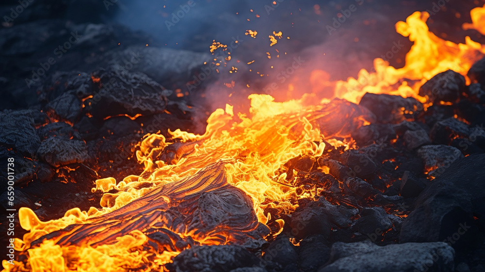 Lava Flow Erupting Volcano Magma Burning Flames Soil Ashes Smokes ...