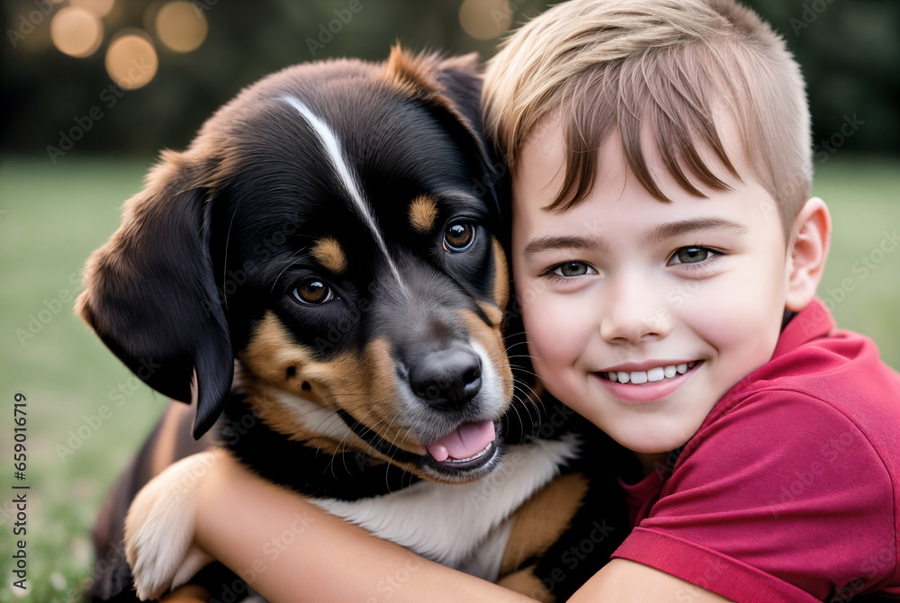 Smiling boy hugging a dog in a field of grass with lights in the ...