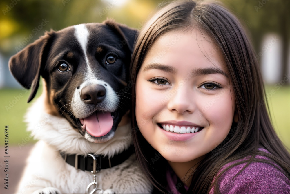 Smiling girl hugging a dog in a field of grass with lights in the ...