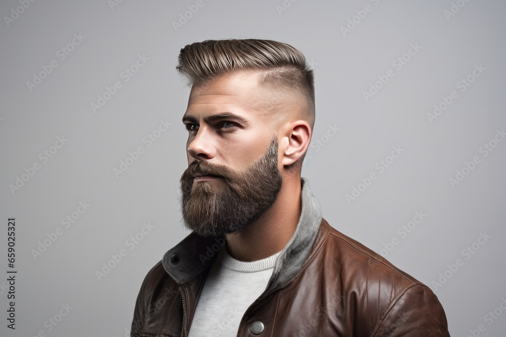 Handsome man with an undercut hairstyle and beard studio portrait ...
