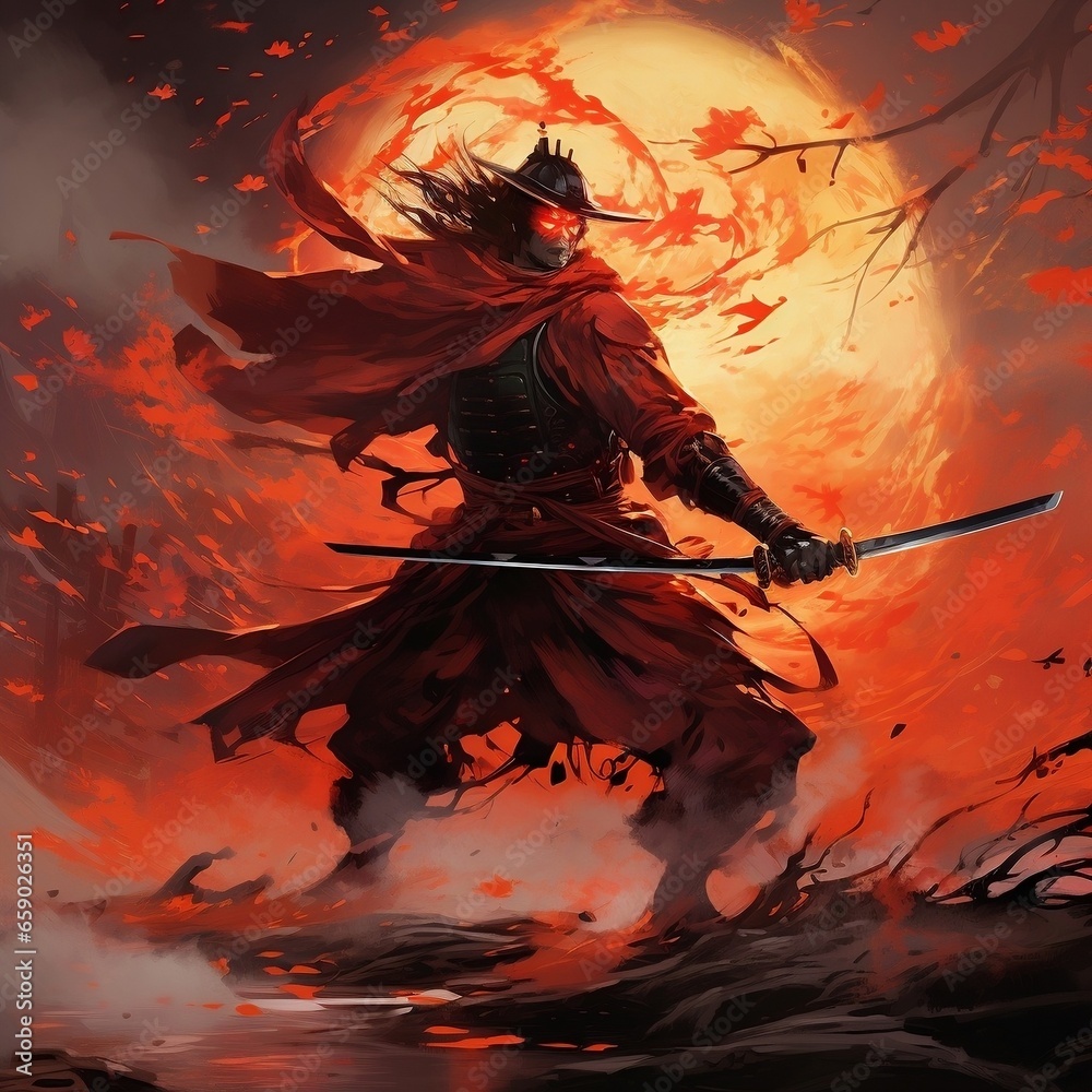 A samurai in a demonic red mask on the battlefield makes a swing with a ...