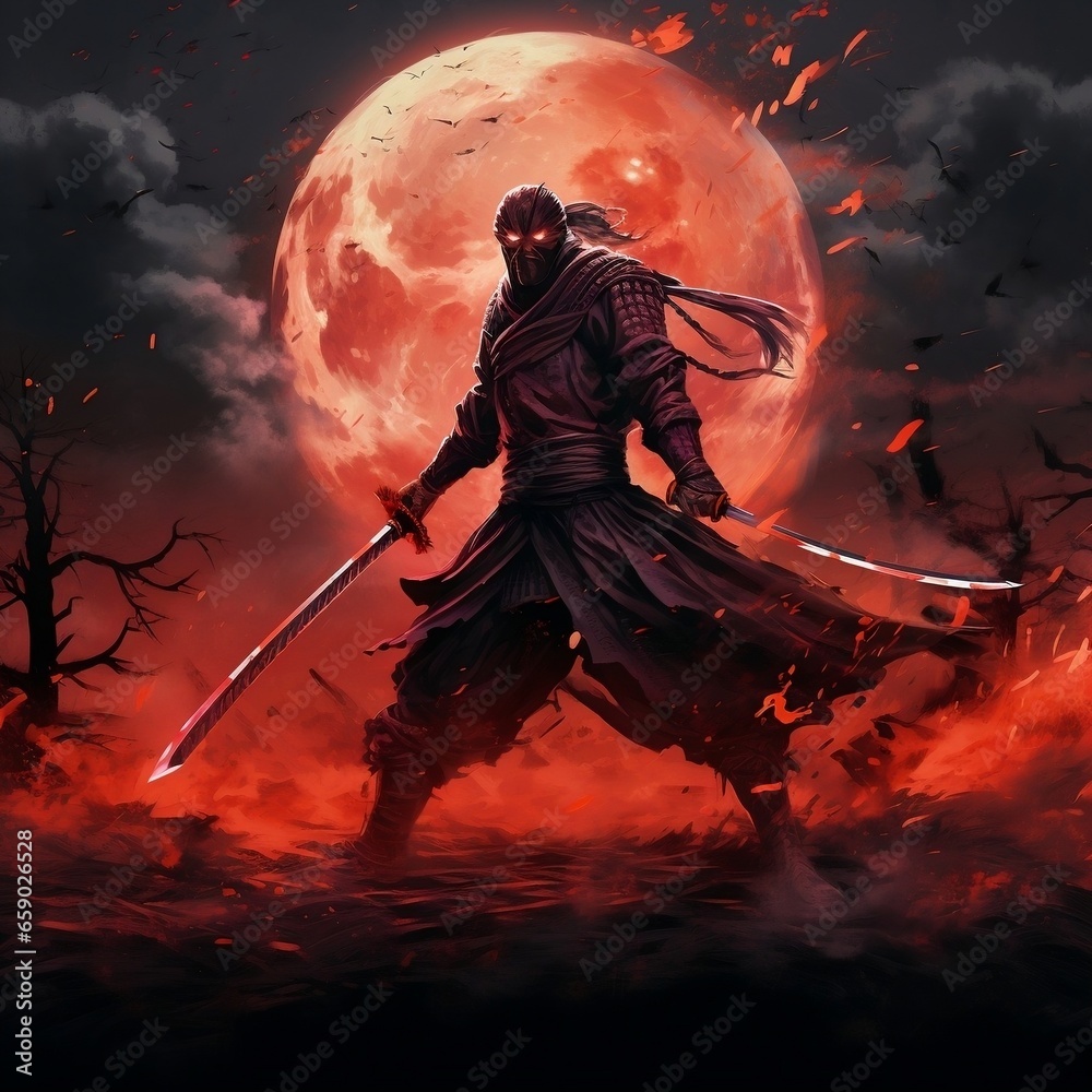 A samurai in a demonic red mask on the battlefield makes a swing with a ...