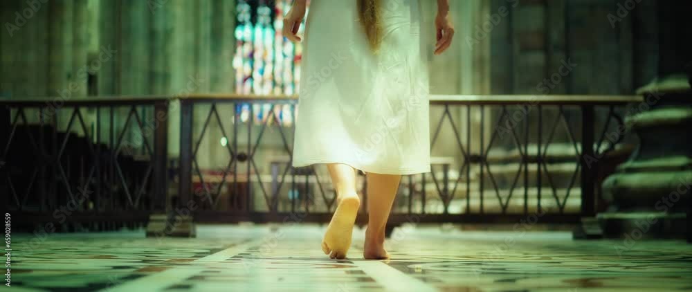 Barefoot tramp young woman wanderer looking for God in church ...