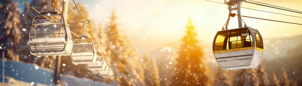 Empty Cabin of ski lift over snow capped mountain and forest. Ski or ...