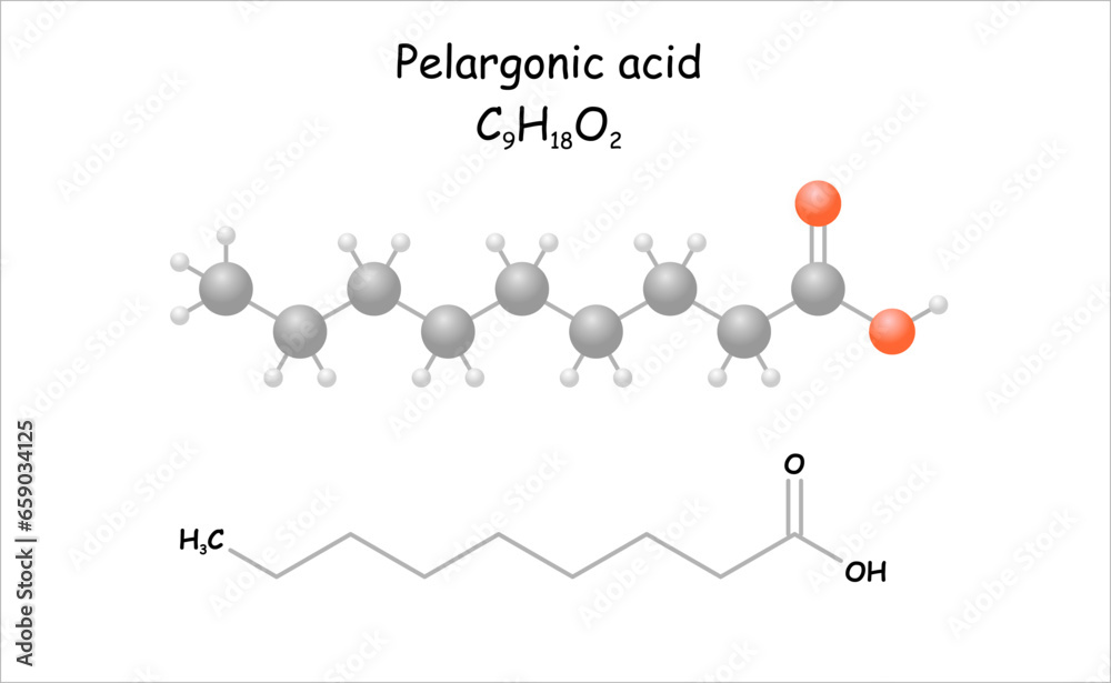 Pelargonic acid. Stylized molecule model and structural formula. Stock ...