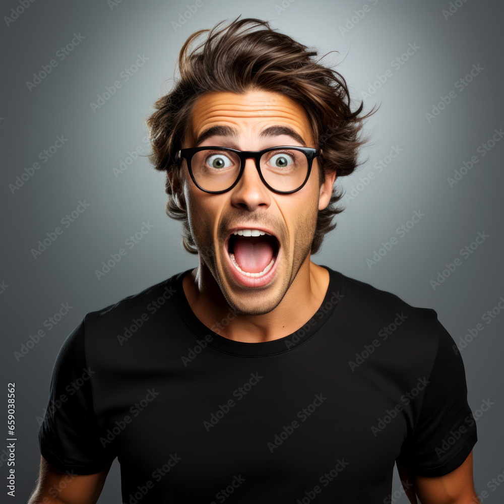 Portrait of a man screaming wow in glasses with a surprised and shocked ...
