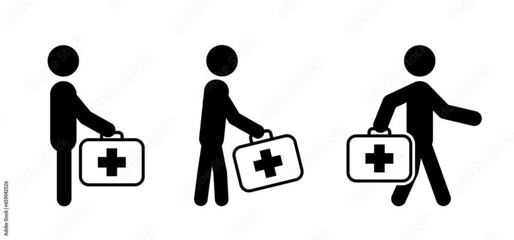 Doctor or nurse walks with doctor's bag. Stickman walk icon. Stick ...