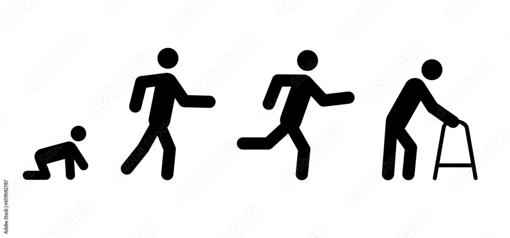 Cartoon crawl, walk, run en old man. Baby running steps and old person ...