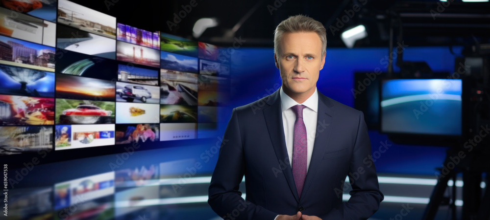 Newsroom Studio, TV Live News Program Professional Male Presenter ...