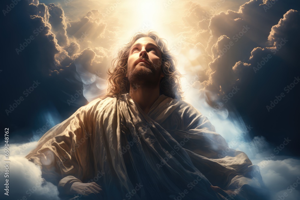 Jesus Christ looking up into the lights of heaven Stock Illustration ...