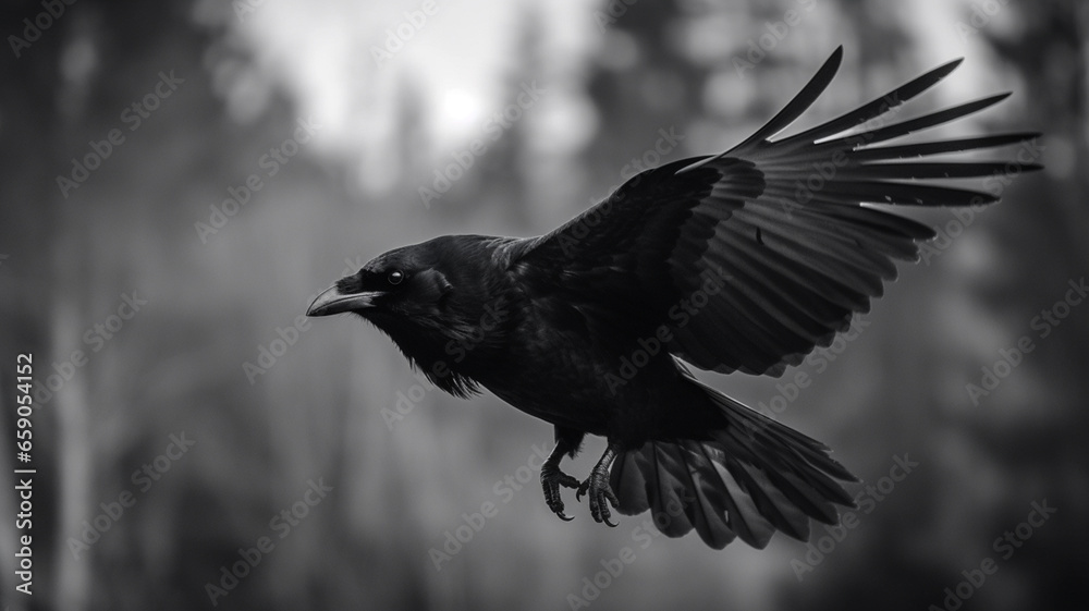 B&W photo of a raven captured in midflight in a northern forest, in the ...